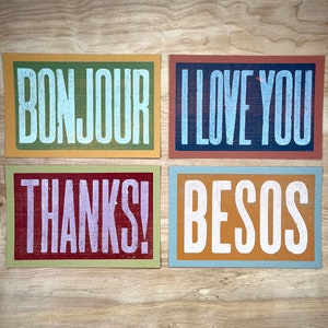 Besos, Thanks, I Love You, Bonjour Cards SET of FOUR Oversized Hand ...