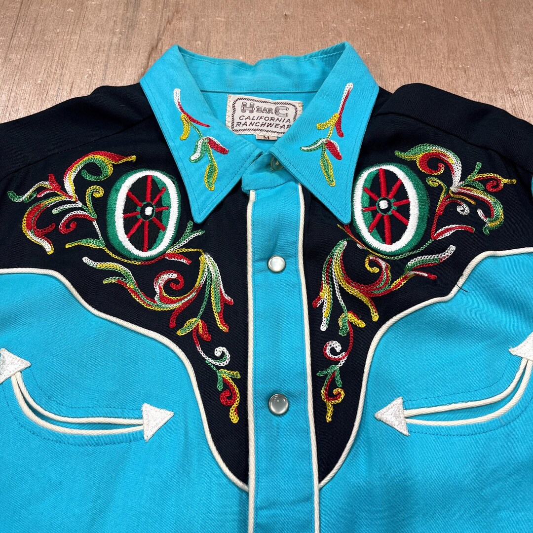 1960s Vintage WAGON WHEEL Western Shirt, H Bar C Chainstitch Embroidery ...