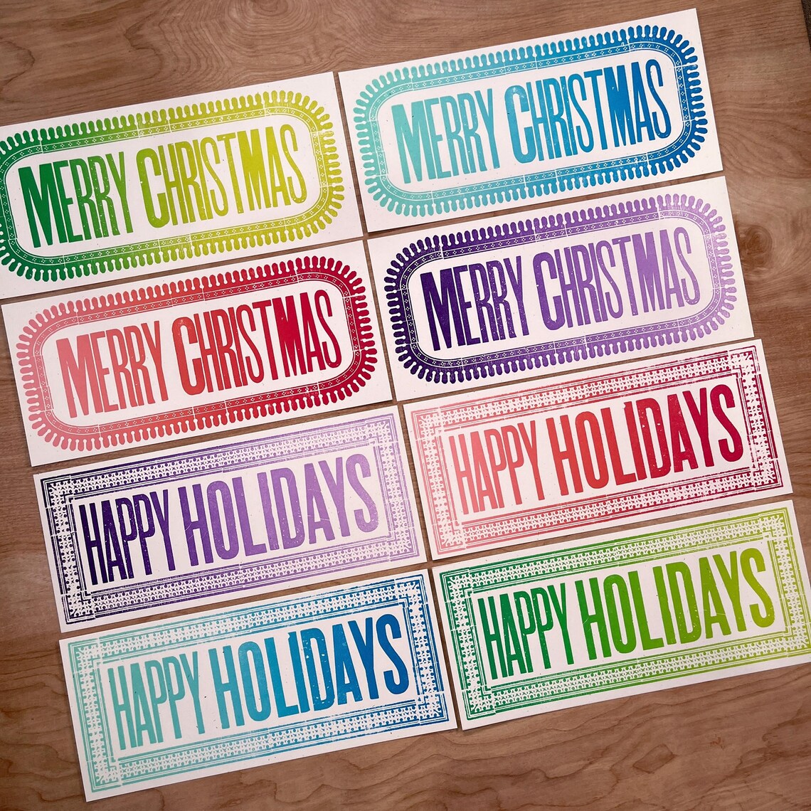 Ombre HAPPY HOLIDAYS Merry CHRISTMAS 8 Pack of Cards Hand Printed ...