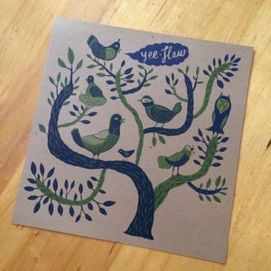 BIRDS in a TREE Poster Hand Printed Letterpress Print in Blue and Green ...