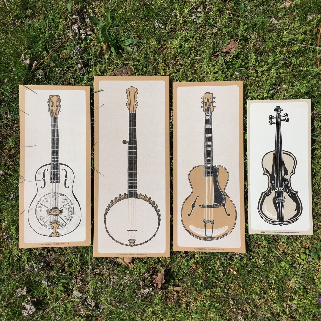 4 INSTRUMENT POSTERS Fiddle Banjo Archtop Guitar Dobro Resonator ...