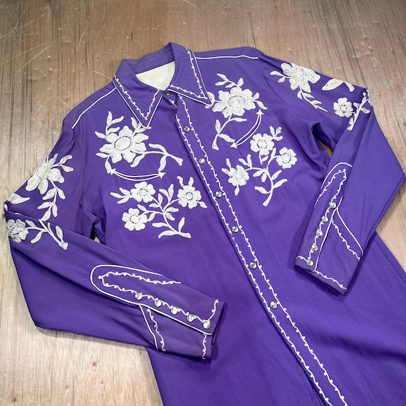 RARE Nathan TURK Purple Western SHIRT Vintage Floral … - Gem