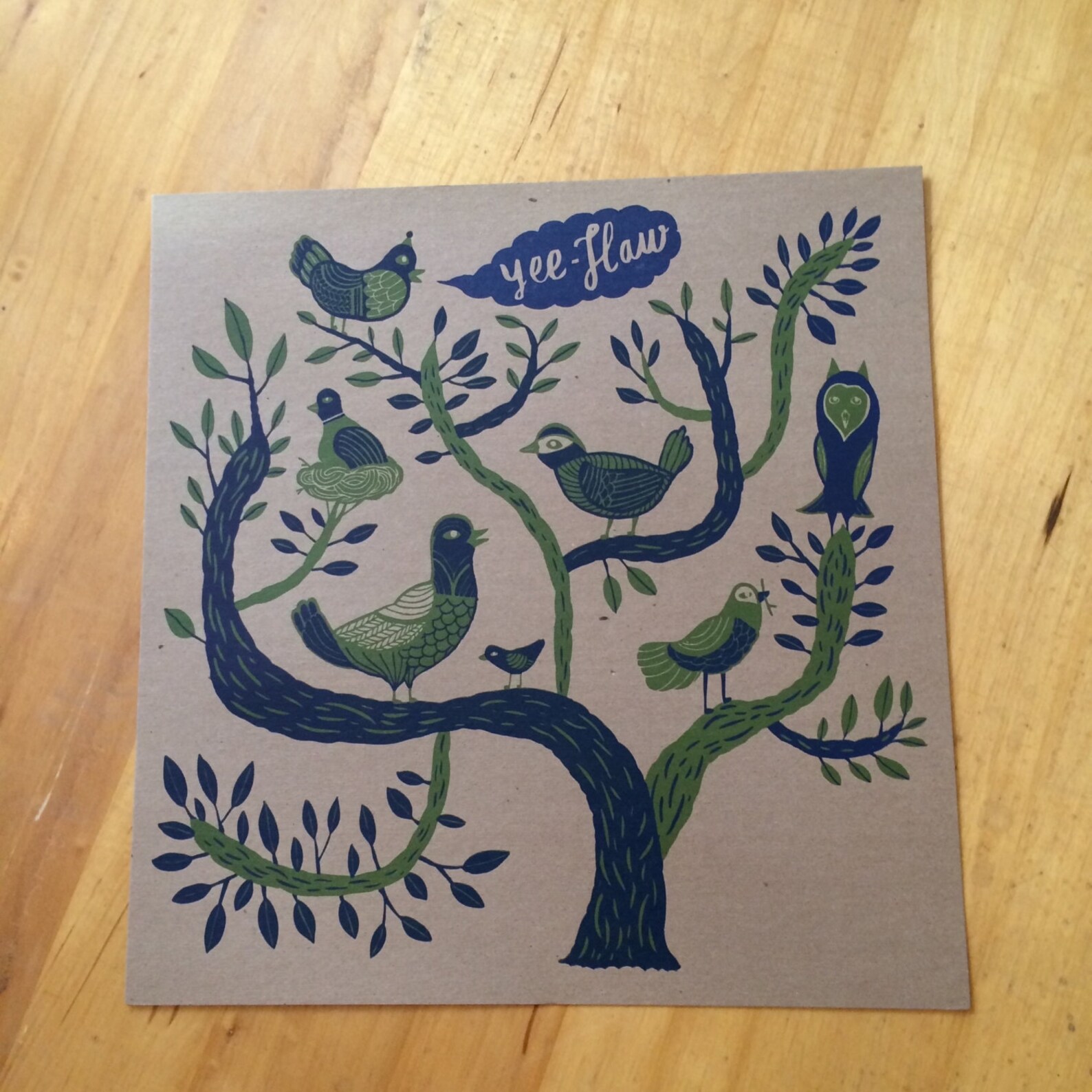 BIRDS in a TREE POSTER, Hand Printed Letterpress Print in Blue and ...