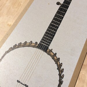 5 STRING BANJO INSTRUMENT Print Hand Printed Letterpress Poster Linocut ...