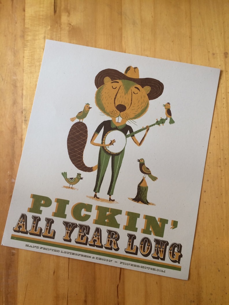 BANJO POSTER, BEAVER Playing a Banjo Poster, Hand Printed Letterpress ...