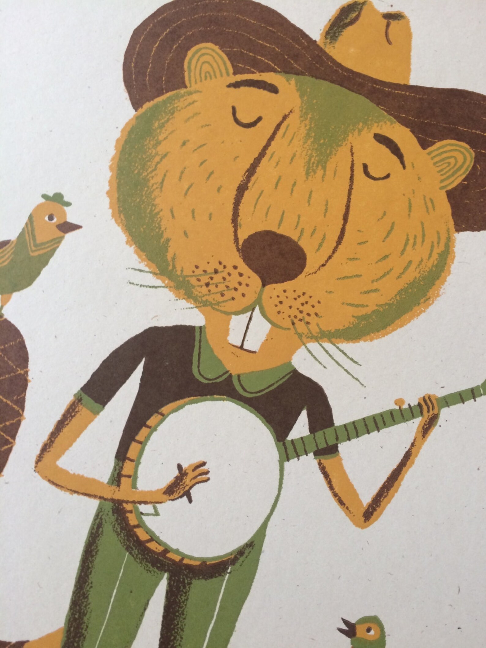 BANJO POSTER, BEAVER Playing a Banjo Poster, Hand Printed Letterpress ...