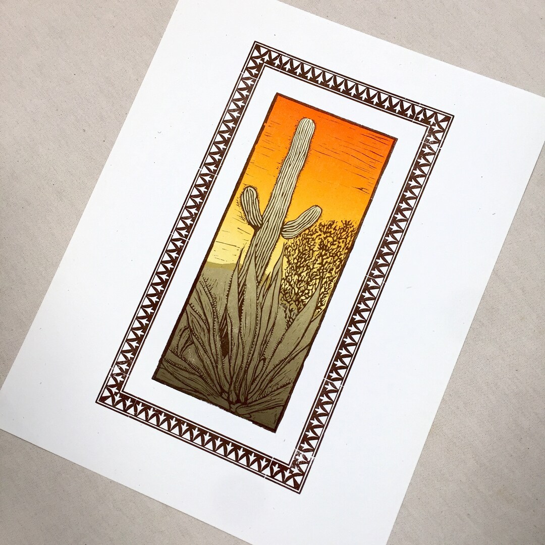 SAGUARO AGAVE and CREOSOTE Cactus Desert Scene Landscape, Letterpress ...