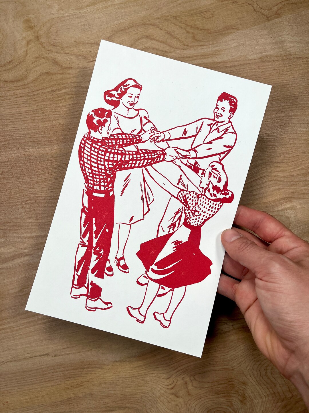 1 DANCING COUPLES Hands Across Print RED Ink Hand Printed Letterpress ...
