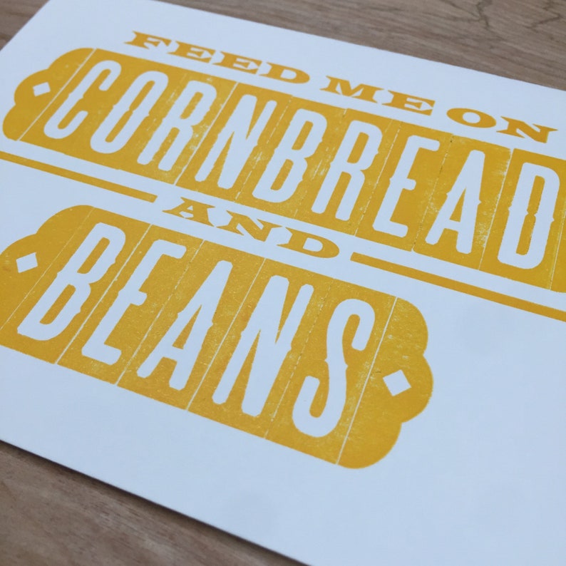 1 Yellow CORNBREAD and BEANS Greeting Card Letterpress Kitchen Art ...