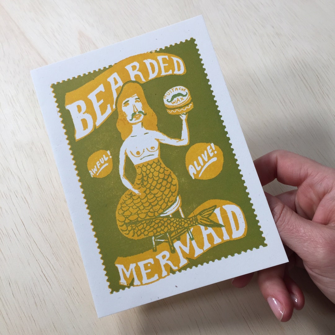 1 Green BEARDED MERMAID Carnival Greeting Card Hand Printed Letterpress ...