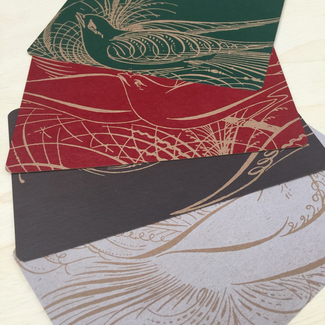 Calligraphy Bird Card Set Hand Printed Letterpress 4 Pack, Vintage Ink ...