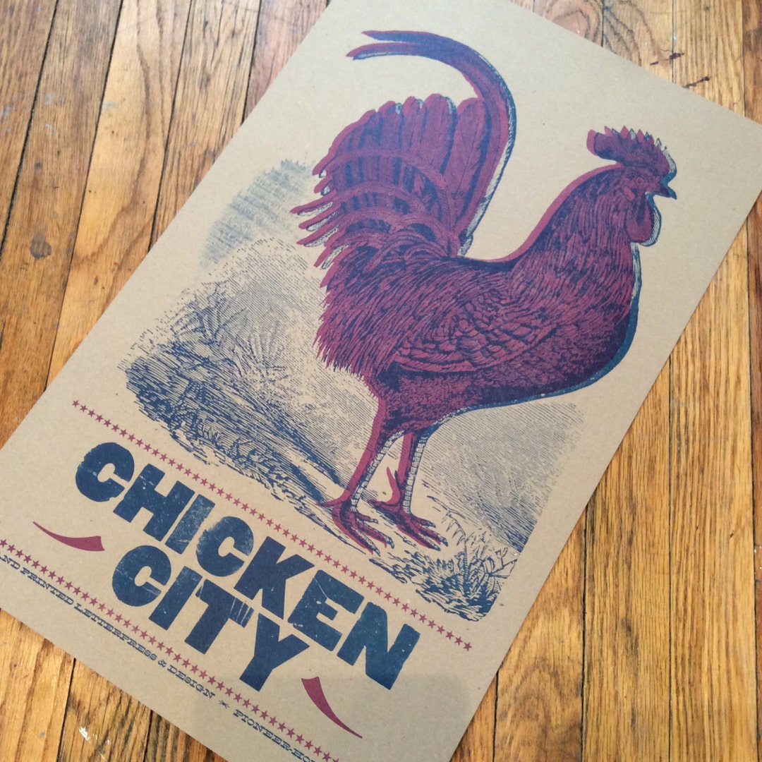 CHICKEN LETTERPRESS POSTER Hand Printed Poster Chicken City - Etsy
