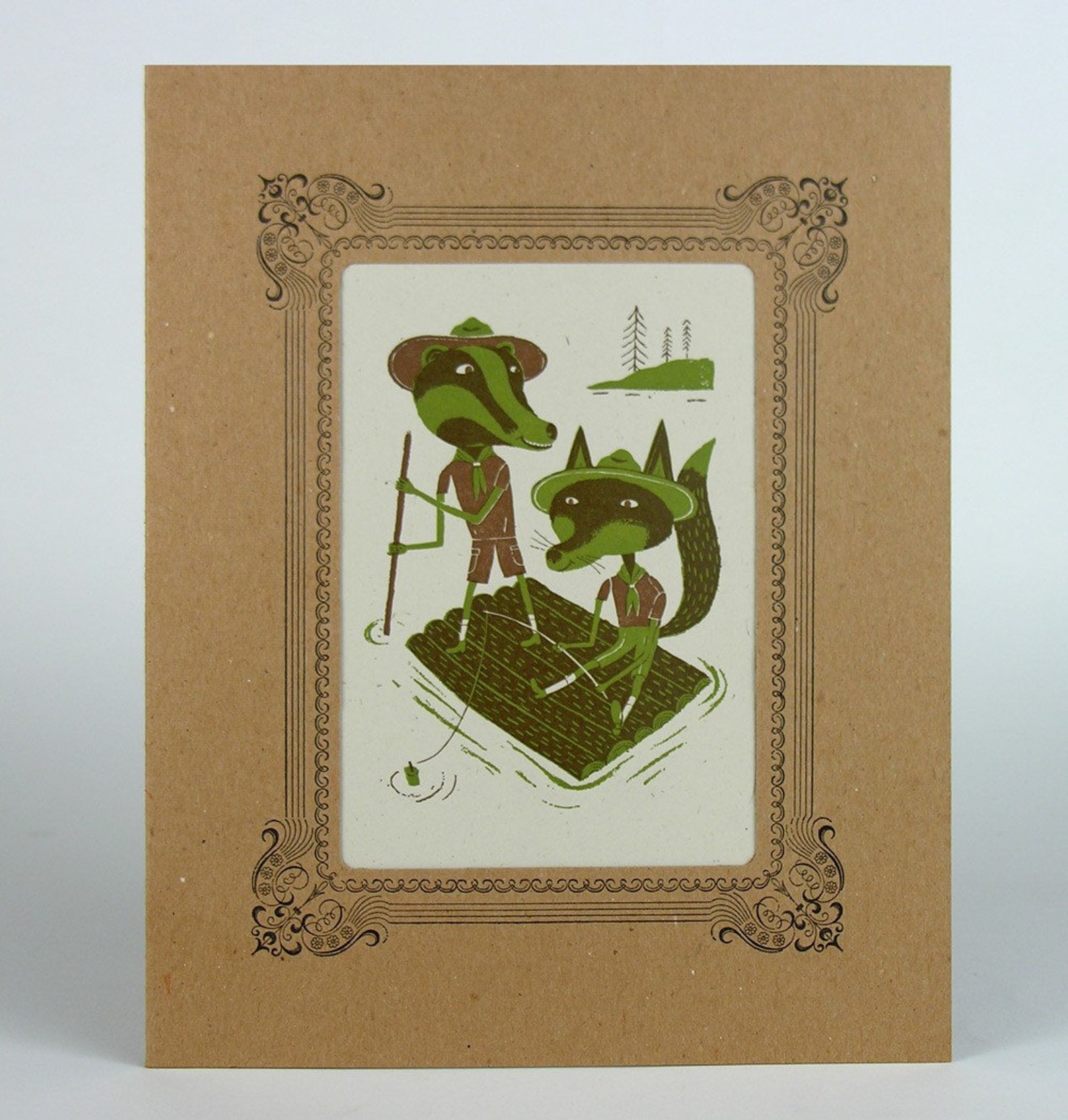 Animal Wall Art RIVER RASCALS Letterpress Kraft Paper Mat Green and ...