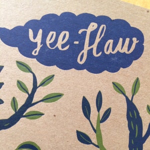 BIRDS in a TREE Poster Hand Printed Letterpress Print in Blue and Green ...