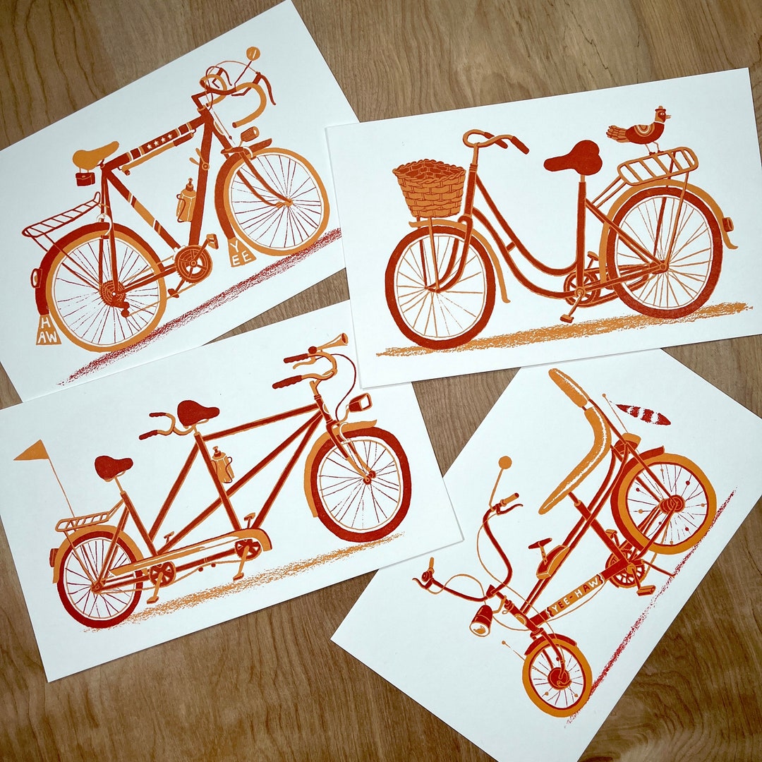 BICYCLE PRINTS Set of 4 Hand Printed Letterpress BIKES and Cycling Art ...