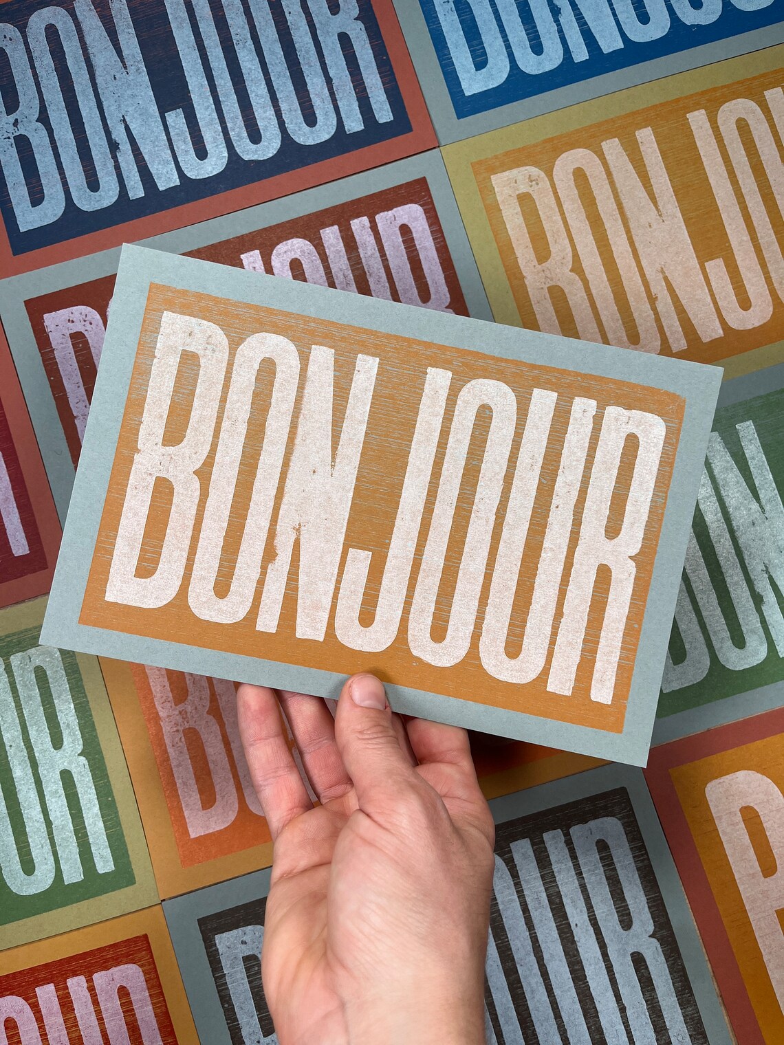 4 BONJOUR CARDS French Print Paris Decor Hello Cards Letterpress Print ...