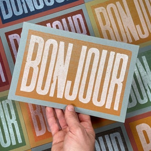 4 BONJOUR CARDS French Print Paris Decor Hello Cards Letterpress Print ...