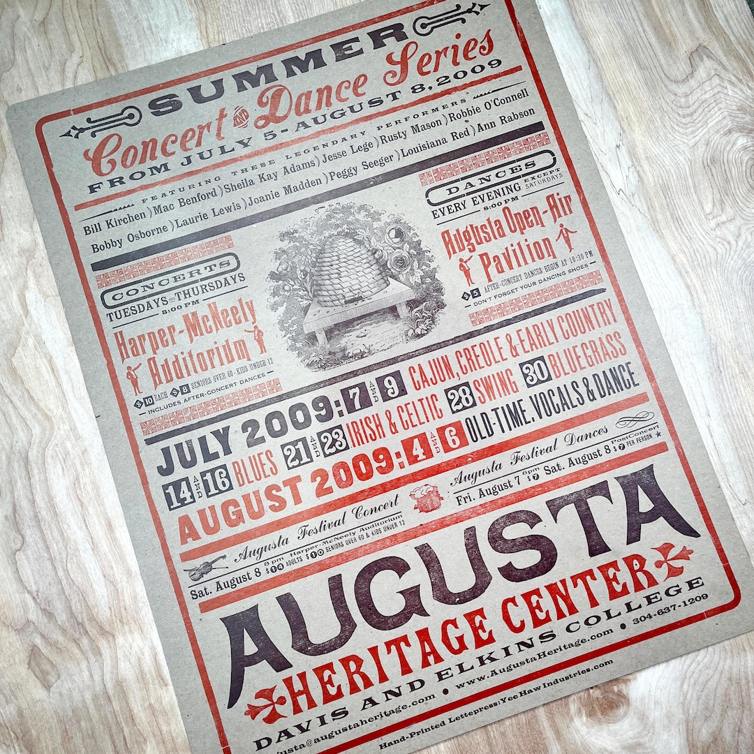 AUGUSTA HERITAGE CENTER Poster Hand Printed Letterpress, Summer Music ...