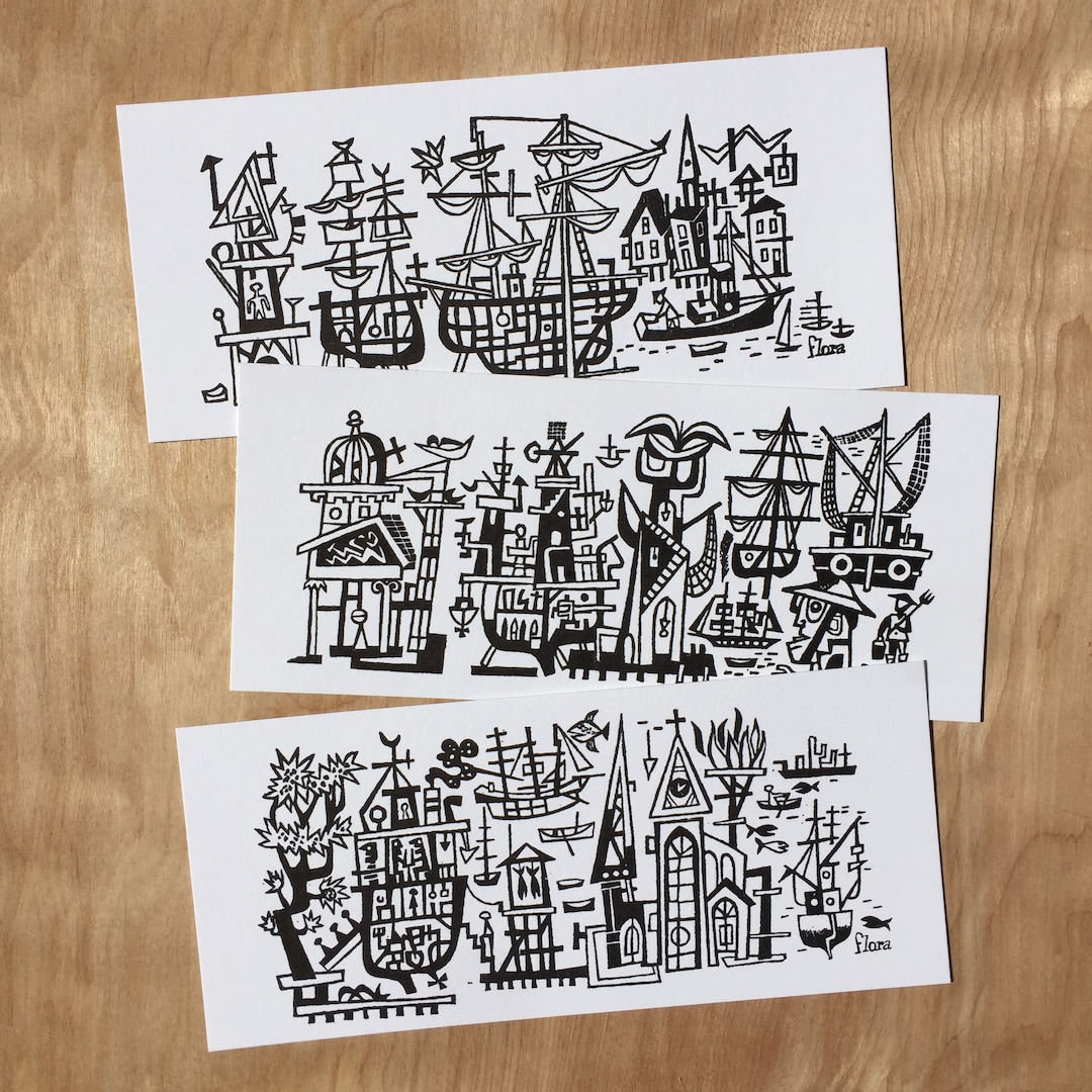 JIM FLORA 3 HARBOR Scenes Hand Printed Letterpress Prints Mid Century ...