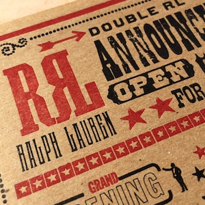Ralph Lauren Double RL RRL Announcement Handmade Flyer Letterpress Wood ...