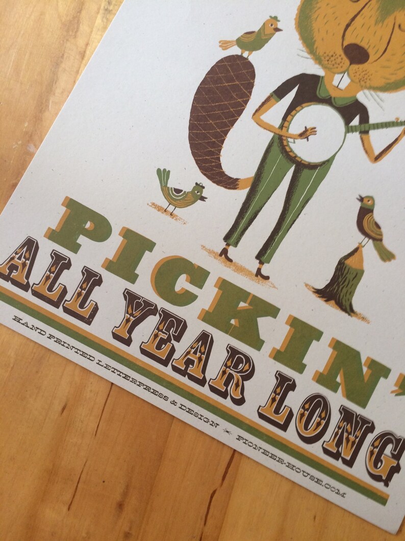 BANJO POSTER, BEAVER Playing a Banjo Poster, Hand Printed Letterpress ...