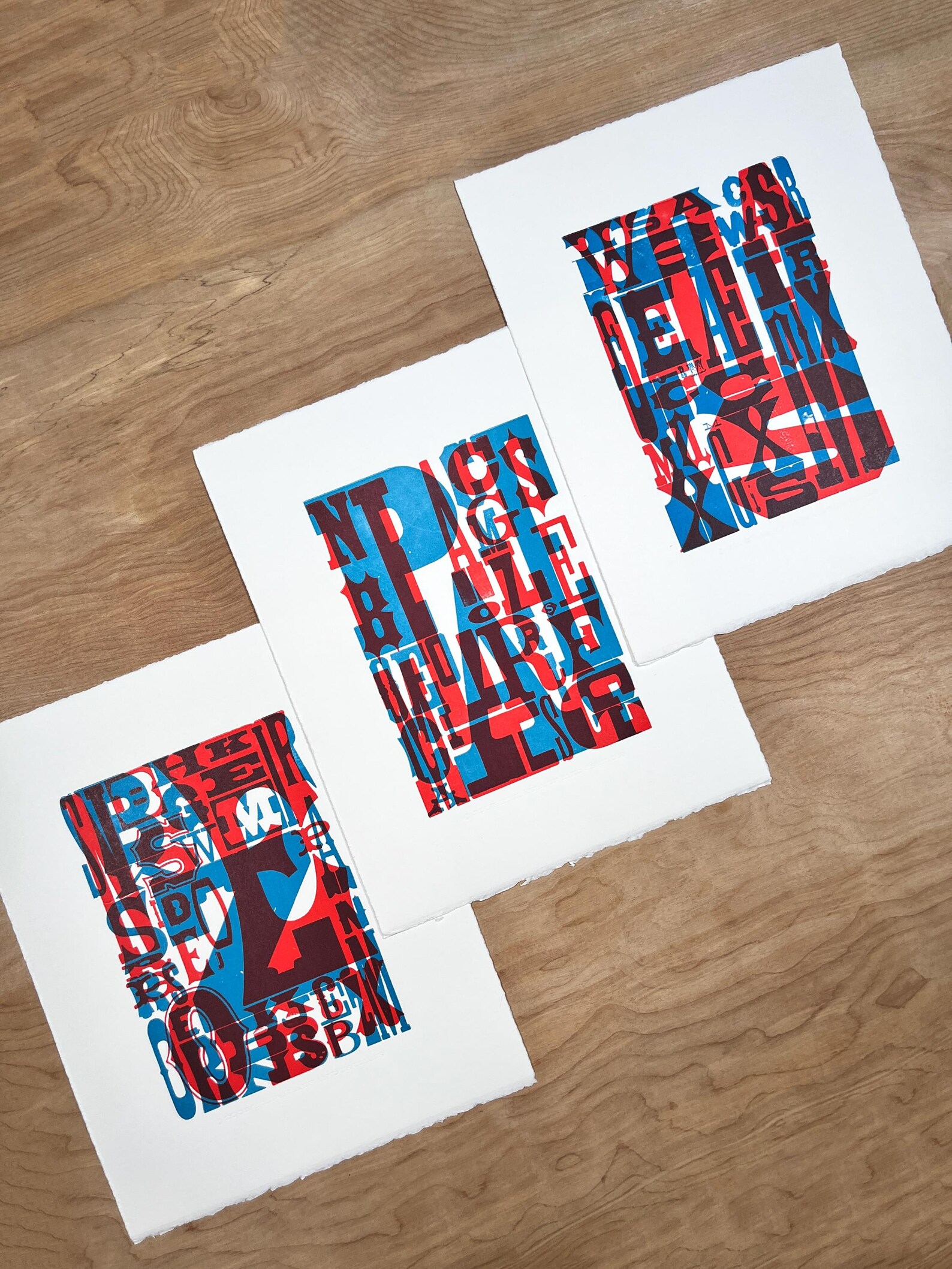 Set of 3 LETTERPRESS Prints Red and Blue Overlay Inks WOOD TYPOGRAPHY ...