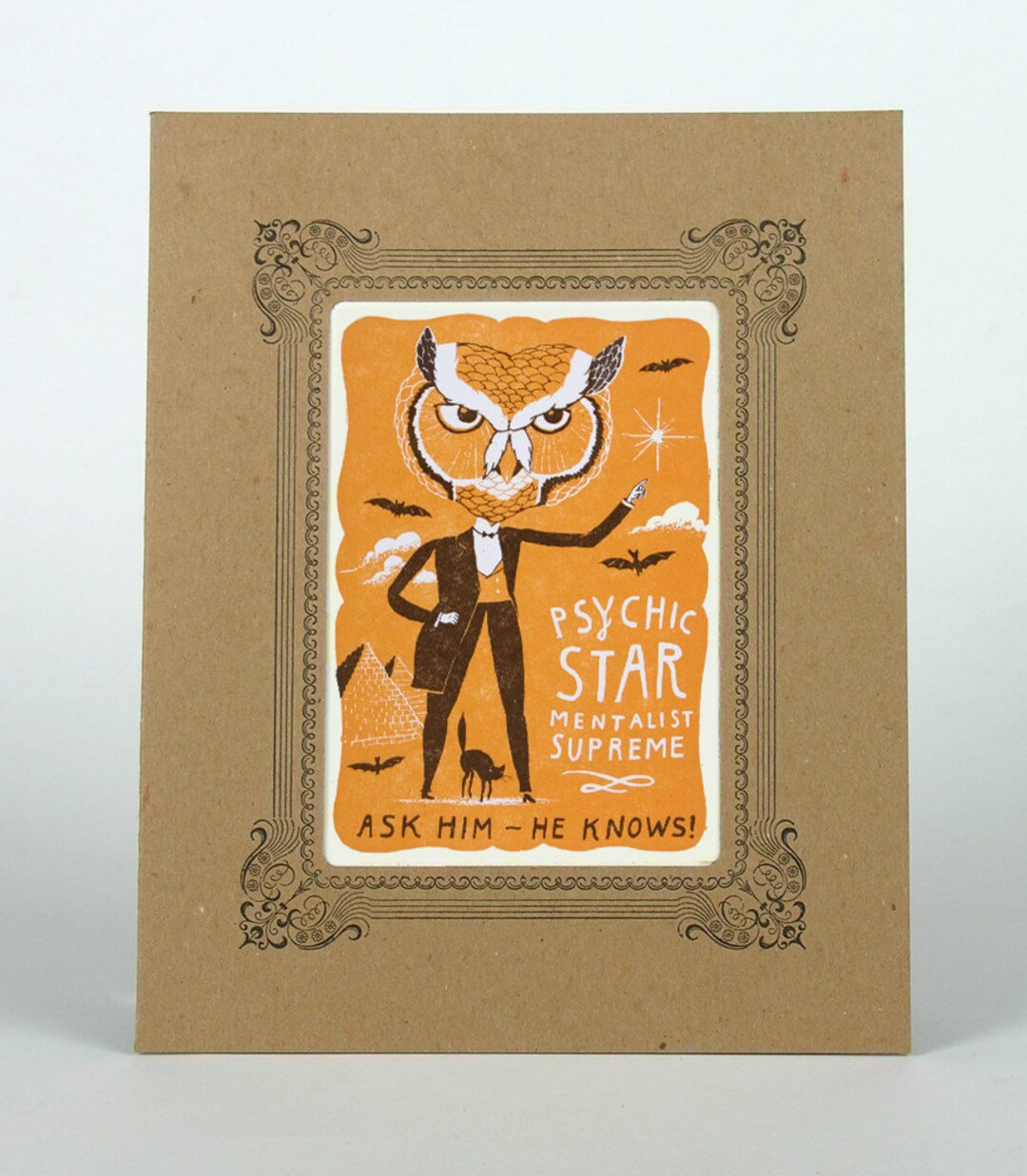 PSYCHIC STAR OWL Print in 8x10 Kraft Vignette Art Mat, Hand Printed ...