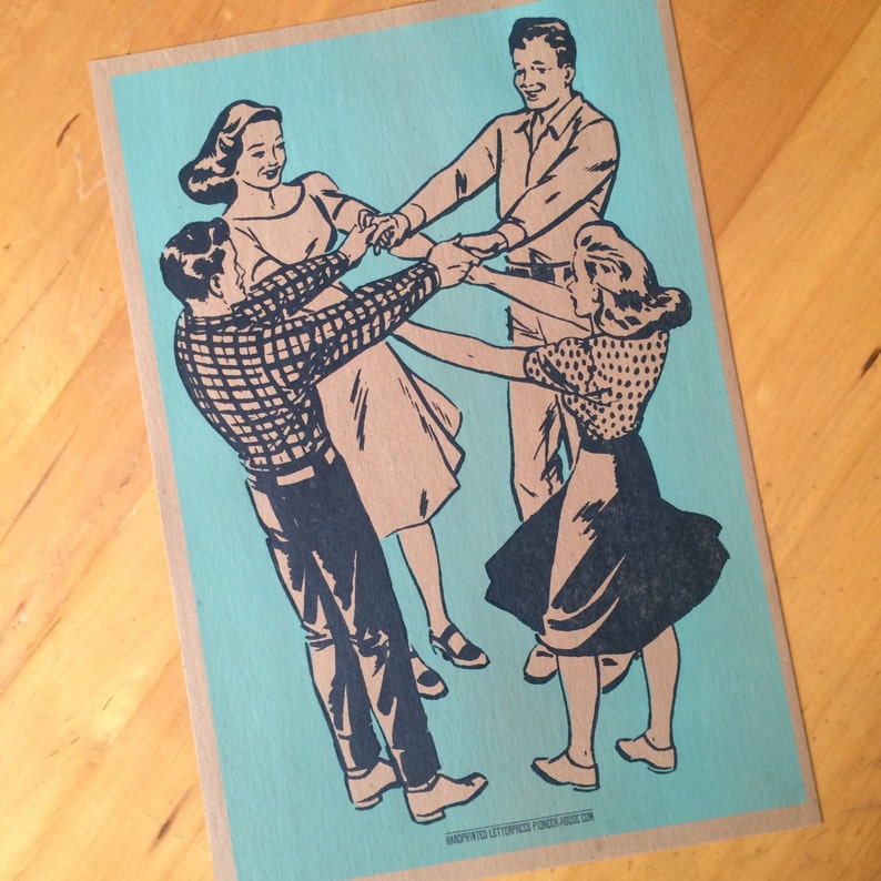 2 SQUARE DANCERS POSTERS Hand Printed Letterpress Print, Turquoise Art ...