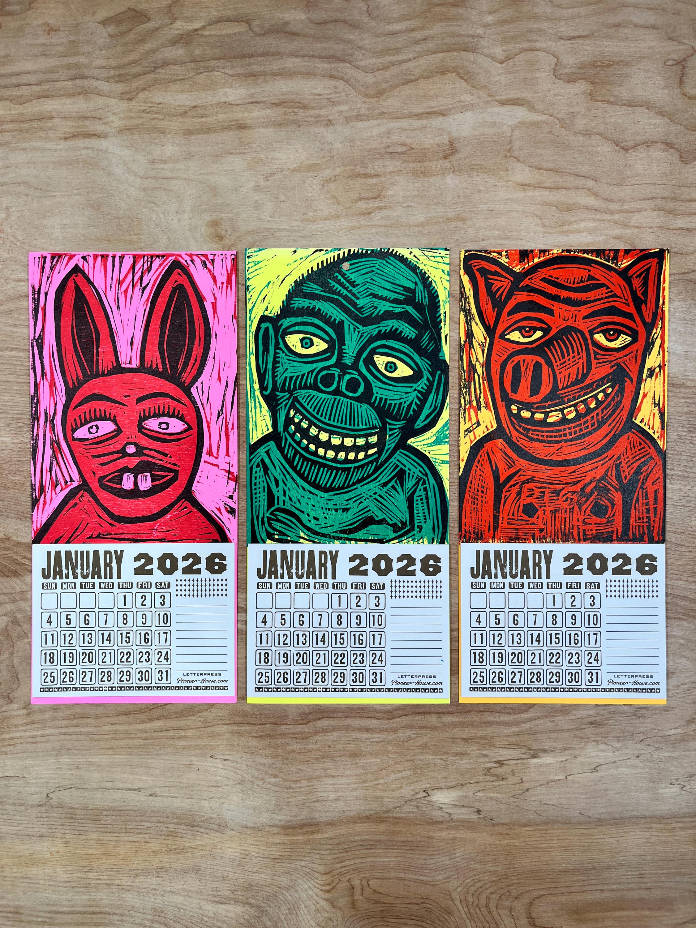 Set of 3 BUNNY GORILLA PIG Mini Calendars 2026 Hand Carved Woodcut ...