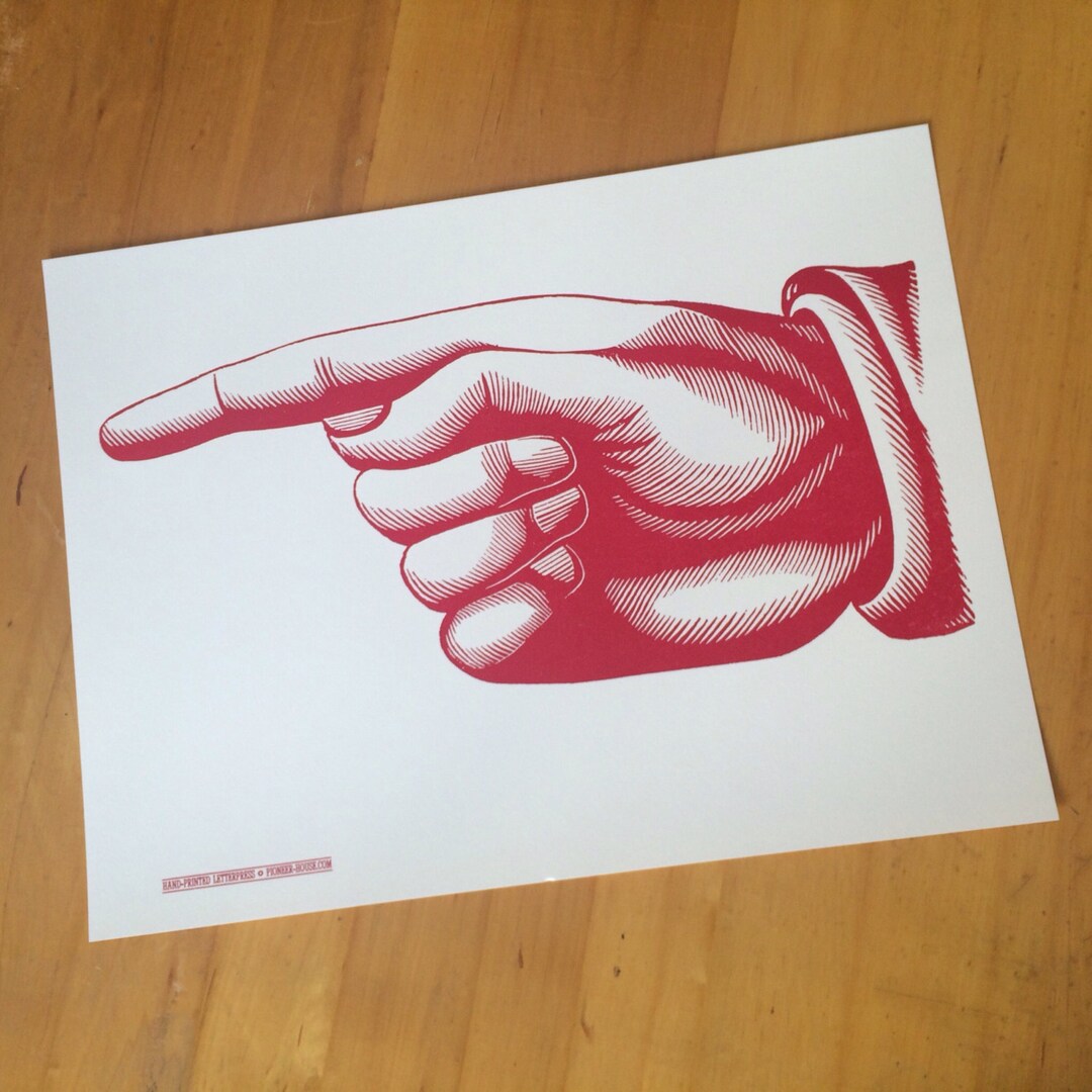 Giant POINTING FINGER Pointing LEFT Hand Printed Letterpress Poster ...