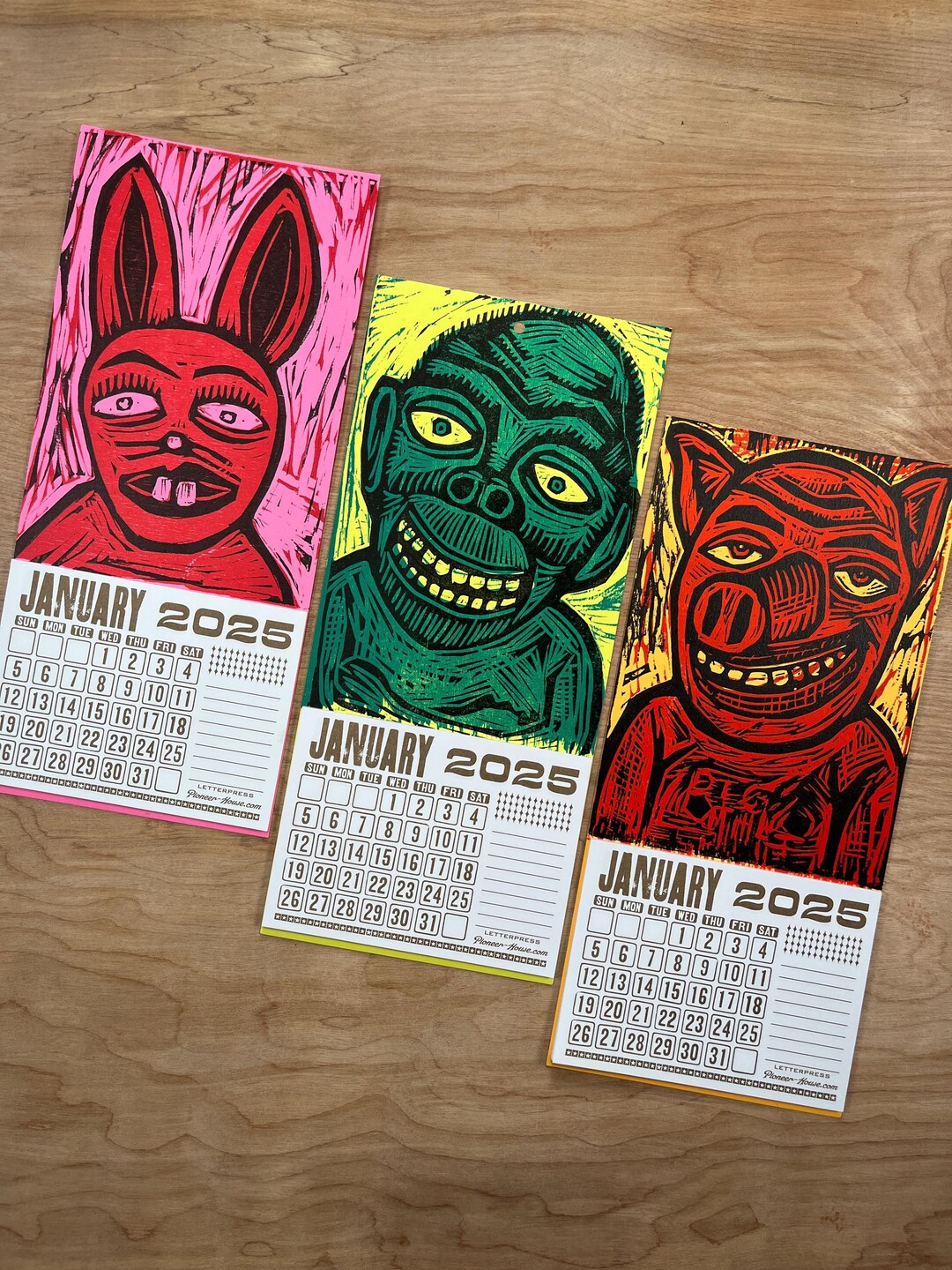 Set of 3 BUNNY GORILLA PIG Mini Calendars 2025 Hand Carved Woodcut ...