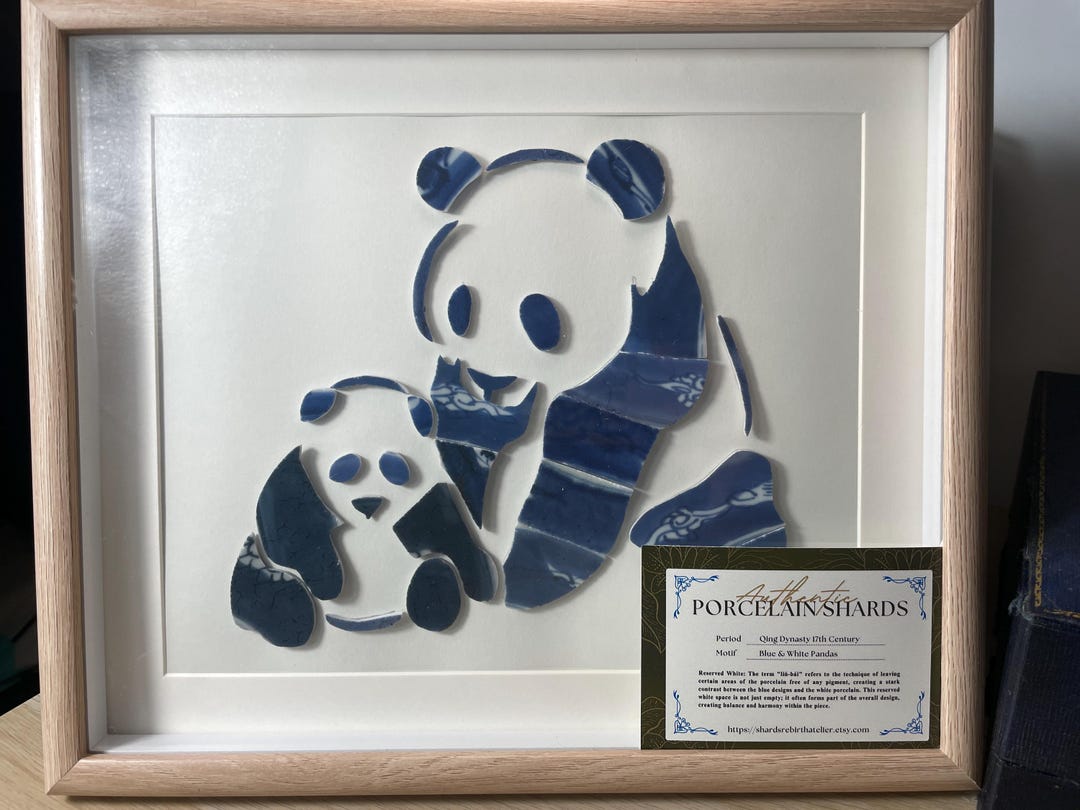 Authentic Blue & White Porcelain Shard Frame Artwork Pandas (A4 Size ...