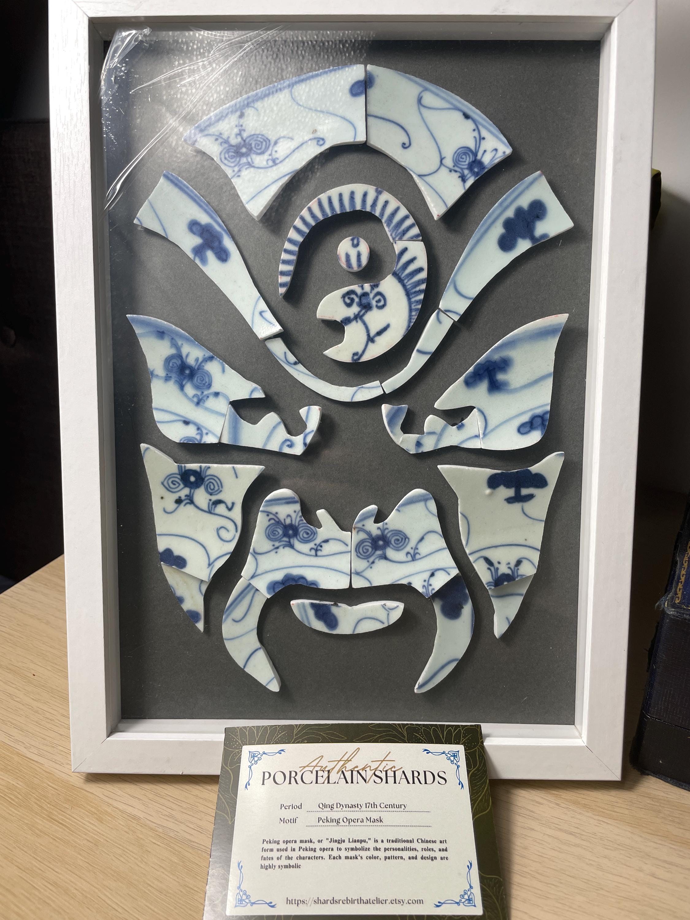 Authentic Blue & White Porcelain Shard Peking Opera Mask Frame Artwork ...