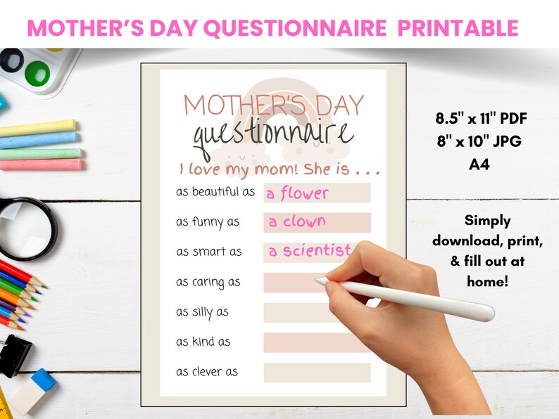 All About Mom Questionnaire | Printable Mothers Day Gift | Mothers Day ...