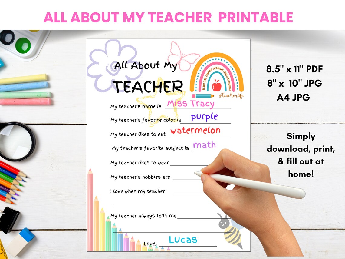 All About My Teacher Questionnaire | Printable Teacher Gift | Fill in ...
