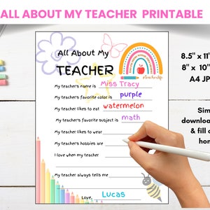 All About My Teacher Questionnaire | Printable Teacher Gift | Fill in ...