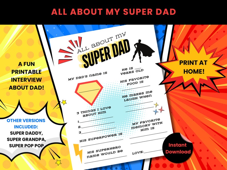Superhero Dad Interview Printable Worksheet | Fun Father's Day Activity ...