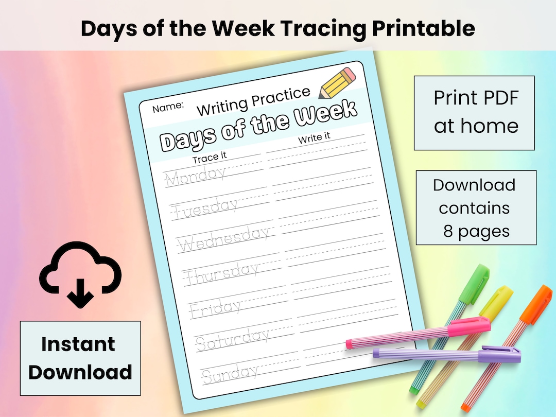 Kids Printable Days of the Week Tracing Sheets | Handwriting Practice ...