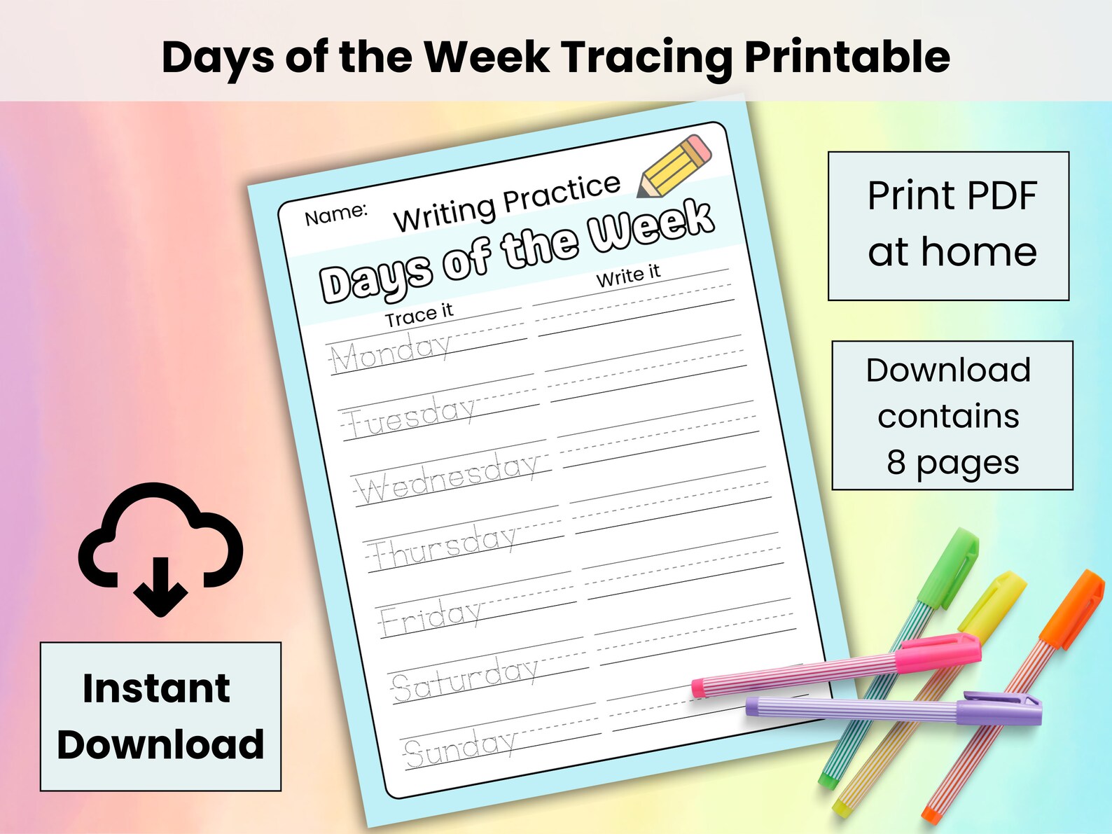 Kids Printable Days of the Week Tracing Sheets | Handwriting Practice ...