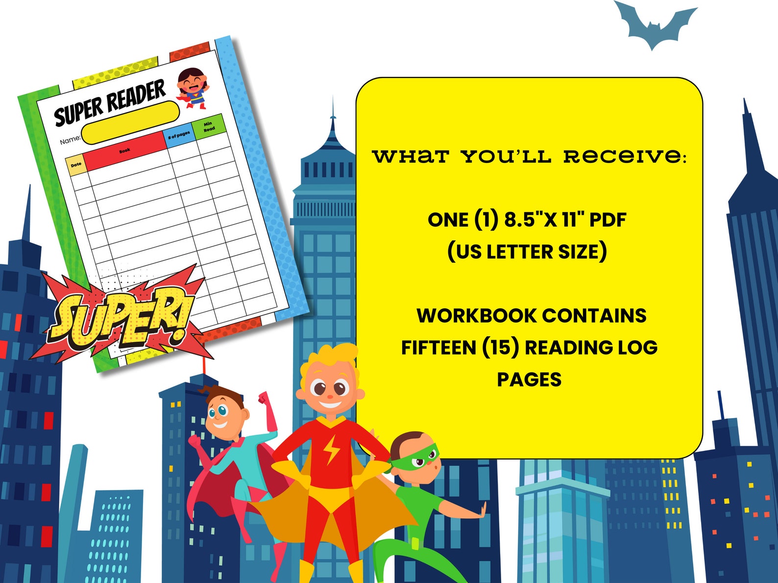 Superhero Kids Reading Log Printable Reading Journal for Kids 15 Pages ...