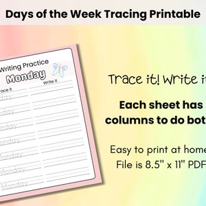 Kids Printable Days of the Week Tracing Sheets | Handwriting Practice ...