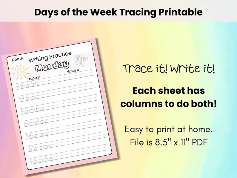 Kids Printable Days of the Week Tracing Sheets | Handwriting Practice ...