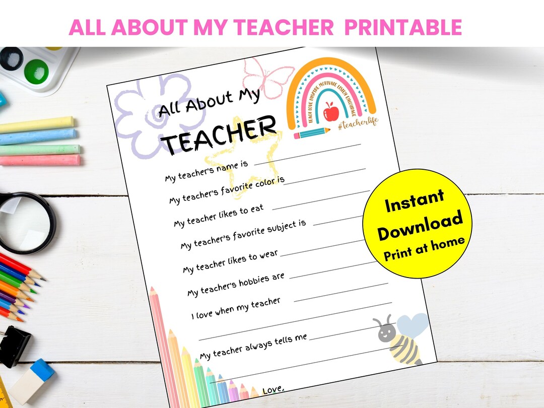 All About My Teacher Questionnaire | Printable Teacher Gift | Fill in ...