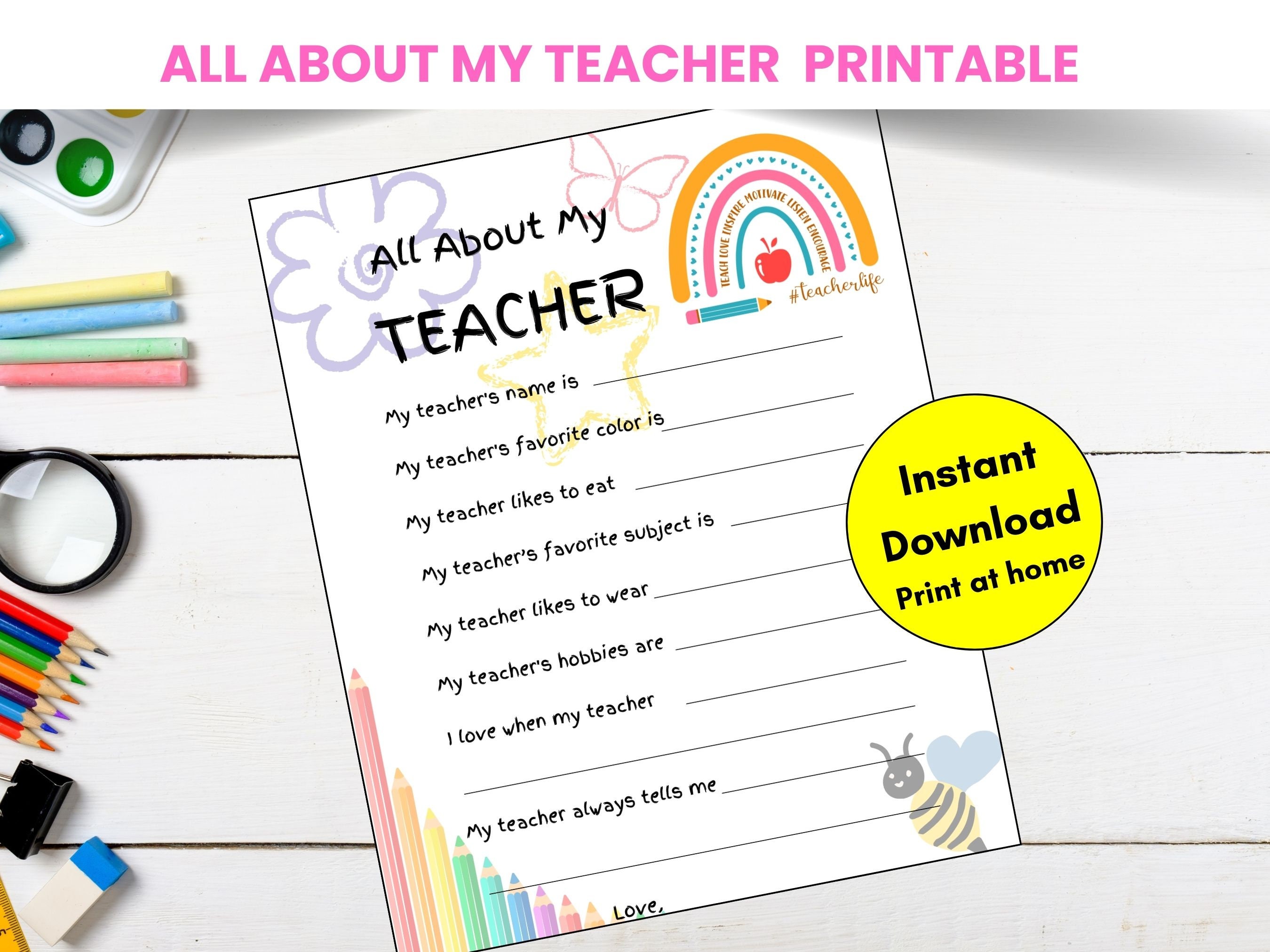 All About My Teacher Questionnaire | Printable Teacher Gift | Fill in ...