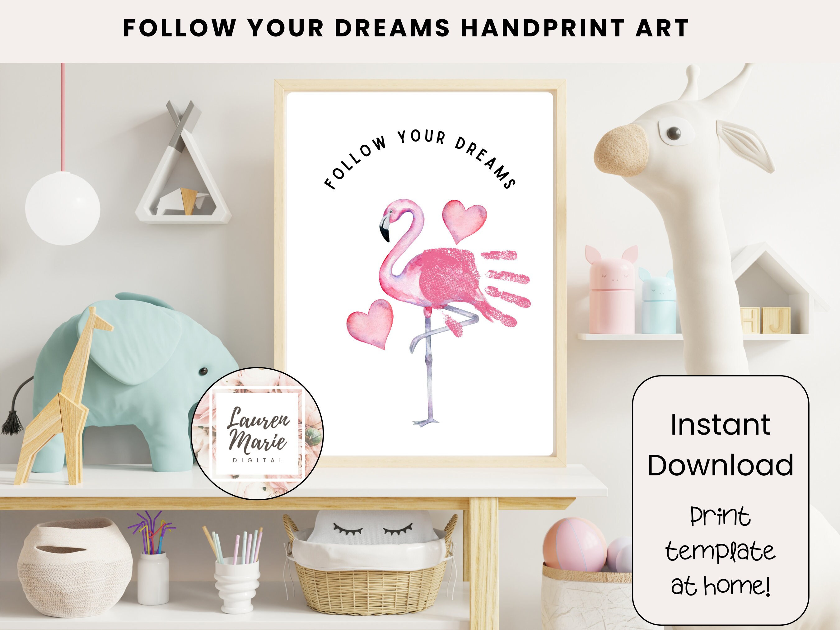 Follow Your Dreams Flamingo Handprint Art Preschool Craft Template DIY Hand Print Baby Pre k Keepsake Printable Wall Decor PDF Etsy