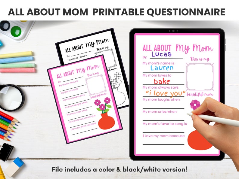 All About Mom Questionnaire | Printable Mothers Day Gift | Mothers Day ...