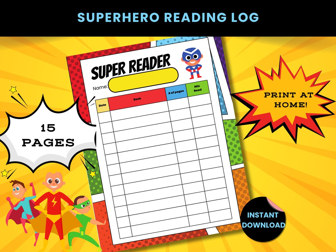 Superhero Kids Reading Log | Printable Reading Journal for Kids | 15 ...