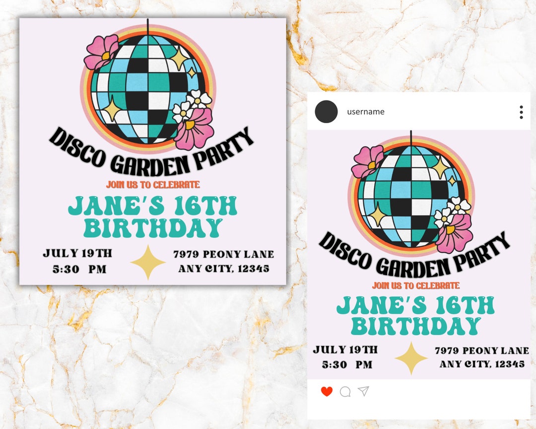 Disco Garden Birthday Invitation, Birthday Party Invitation, Digital ...