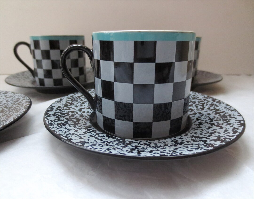 Cappuccino Cups Set of 4 - Mug and Saucer - Vintage 1980 Funky - Black ...