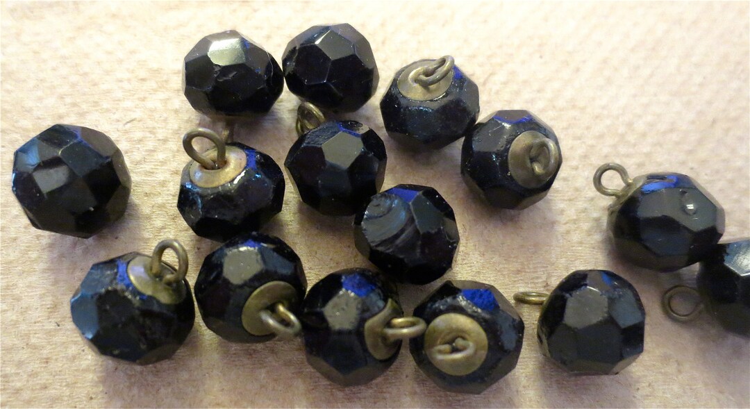 Antique Mourning Buttons - 15 Count Faceted Black Glass Balls - Blouse ...